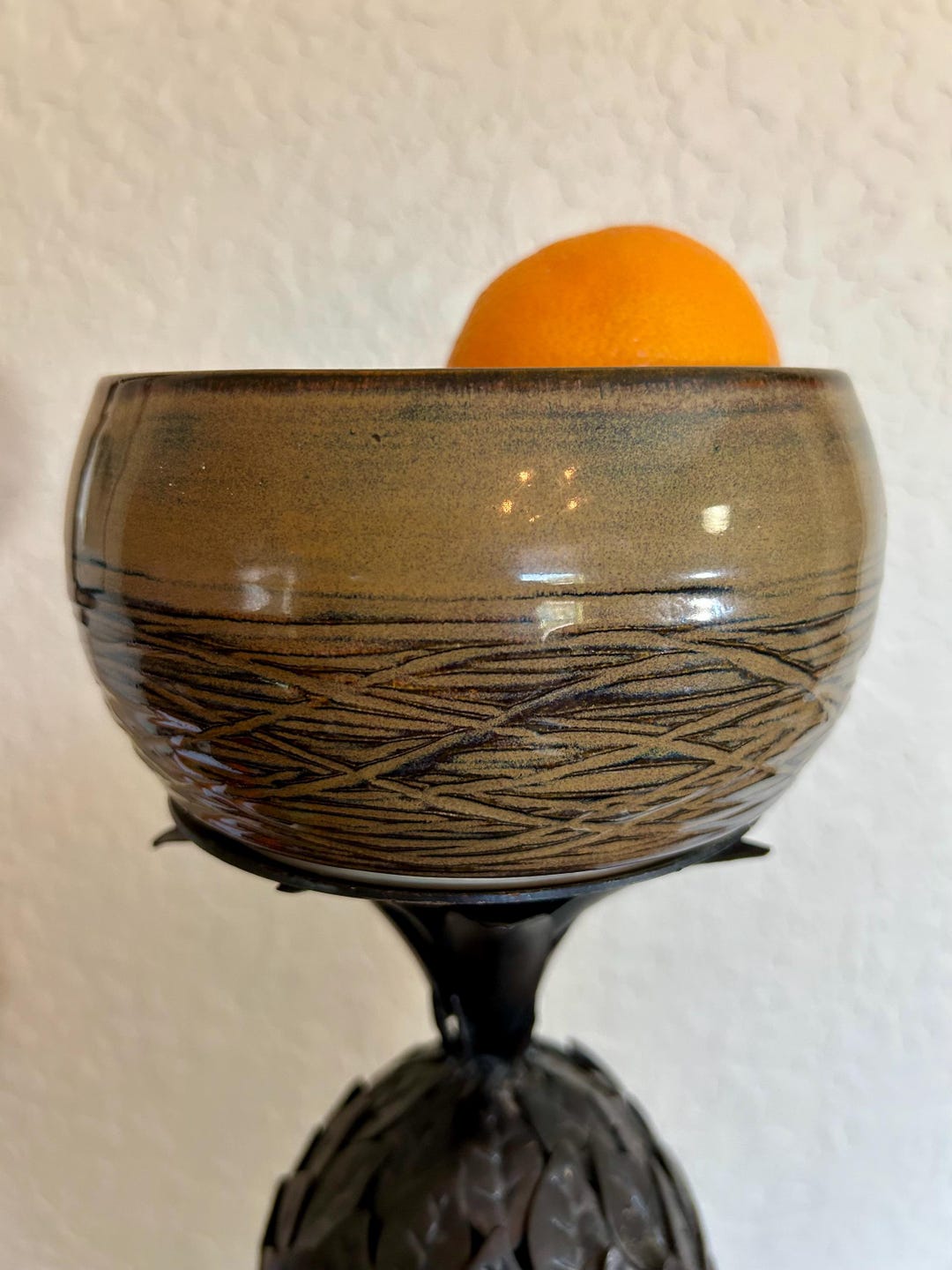 Vintage Studio Pottery Bowl - Hand-thrown Textured Ceramic - Rustic Brown and Mossy Glaze Nest ...