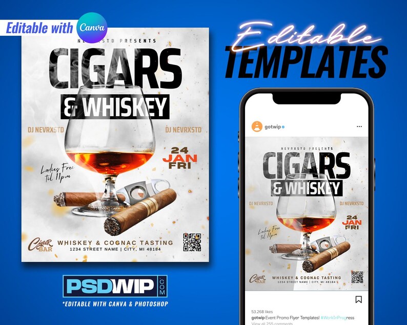 Editable Cigar Bar Canva Flyer Template | Cigars | Whiskey | Cognac ...