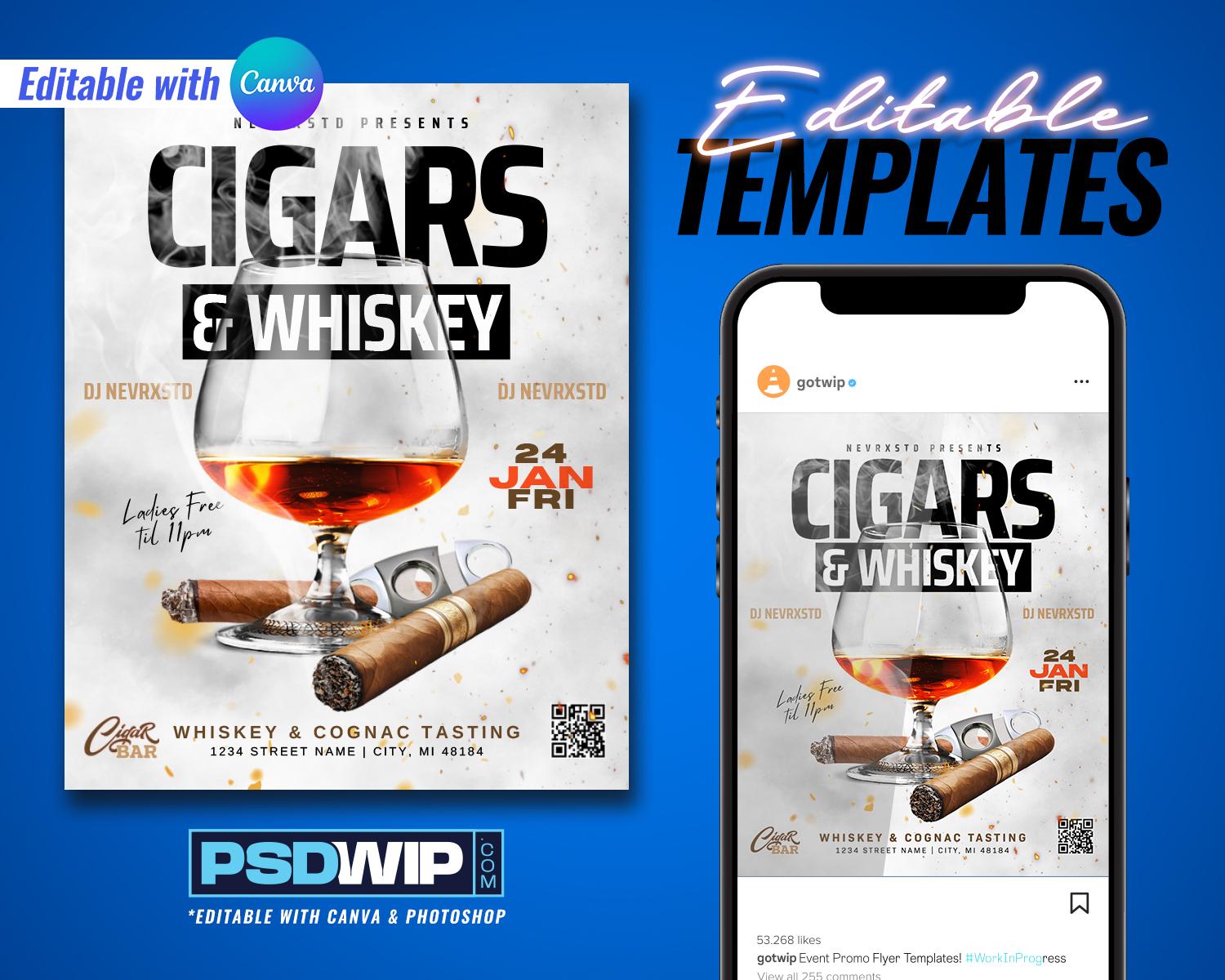 Editable Cigar Bar Canva Flyer Template | Cigars | Whiskey | Cognac ...