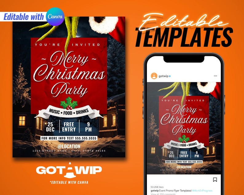 Grinch Christmas Party Invitation Template | Editable Canva Holiday ...