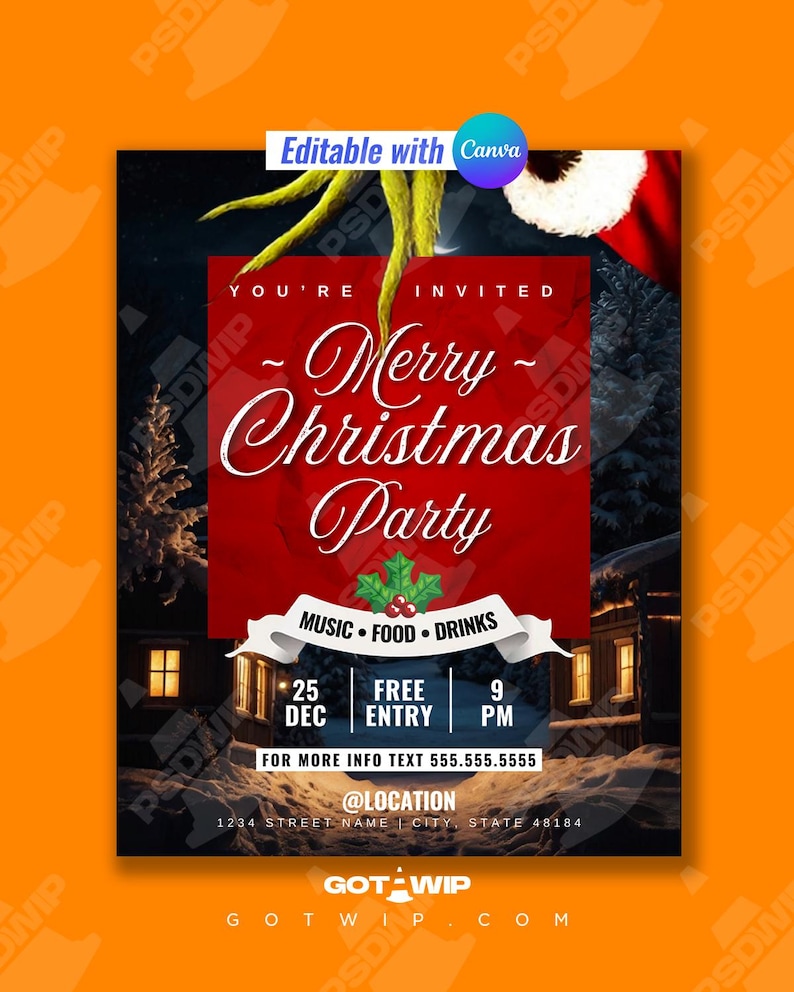 Grinch Christmas Party Invitation Template | Editable Canva Holiday ...