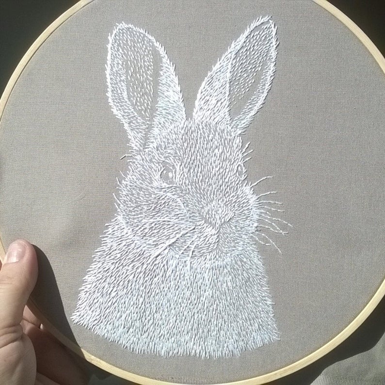 White Rabbit Embroidery Hoop, Embroidery Art, Thread Painting ...