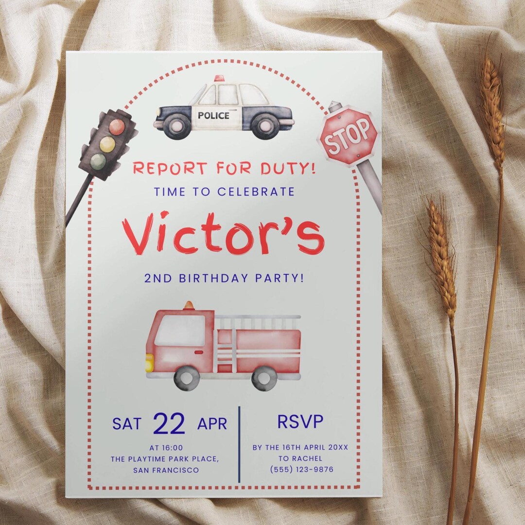 Emergency Vehicles Birthday Invitation: First Responders Party (5x7 ...