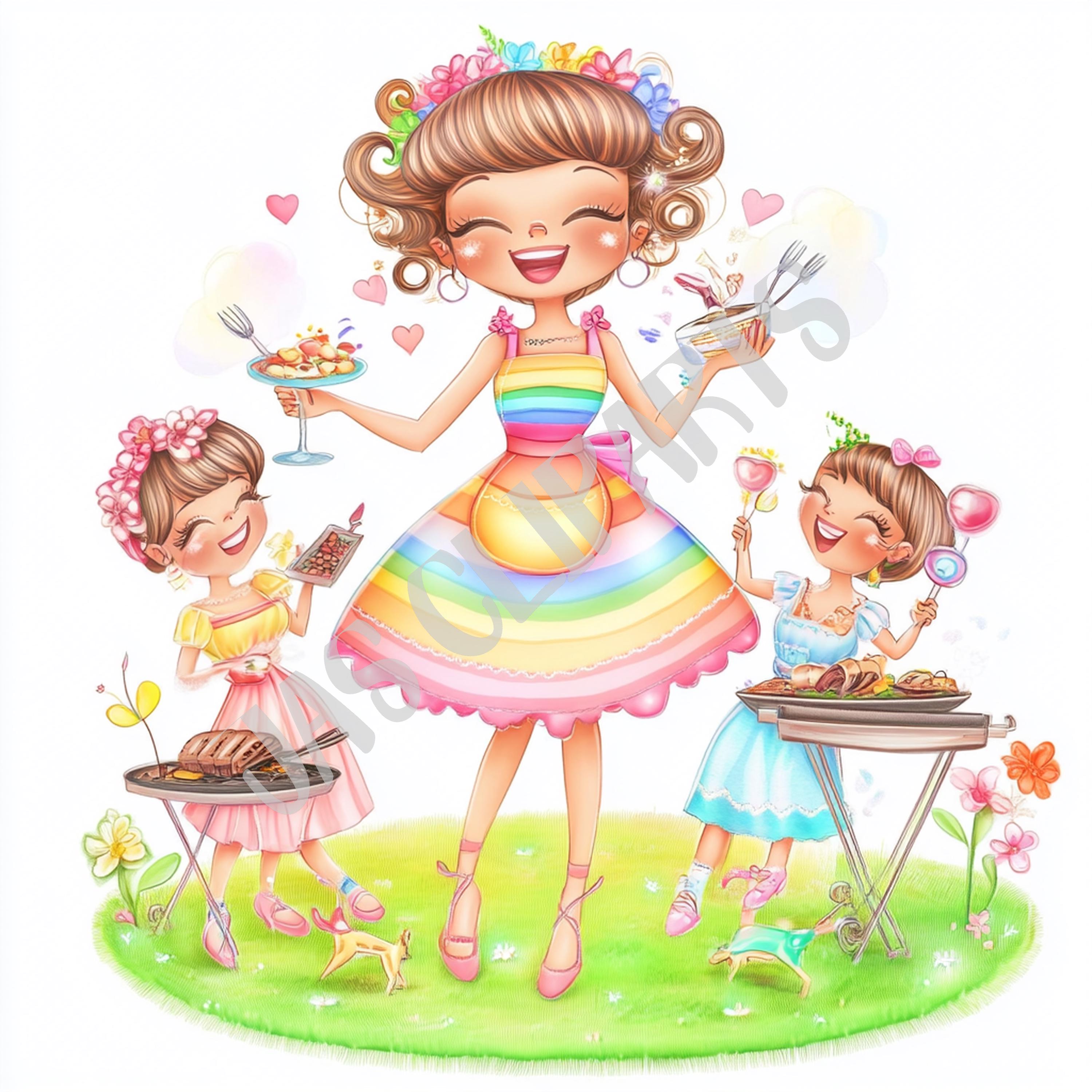 Kawaii BBQ Girls Clipart | Summer Picnic Illustration (digital Download ...