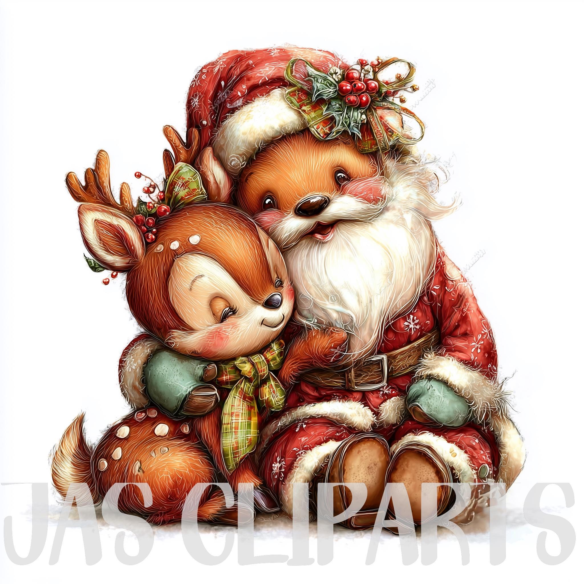 15 Red Santa Claus and Friends Cartoon Clipart: Funny Holiday Trio ...