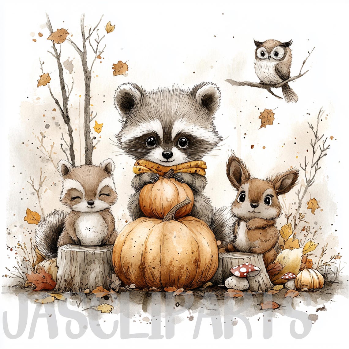 Watercolor Halloween Clipart, Woodland Animals, Pumpkins (PNG Digital ...