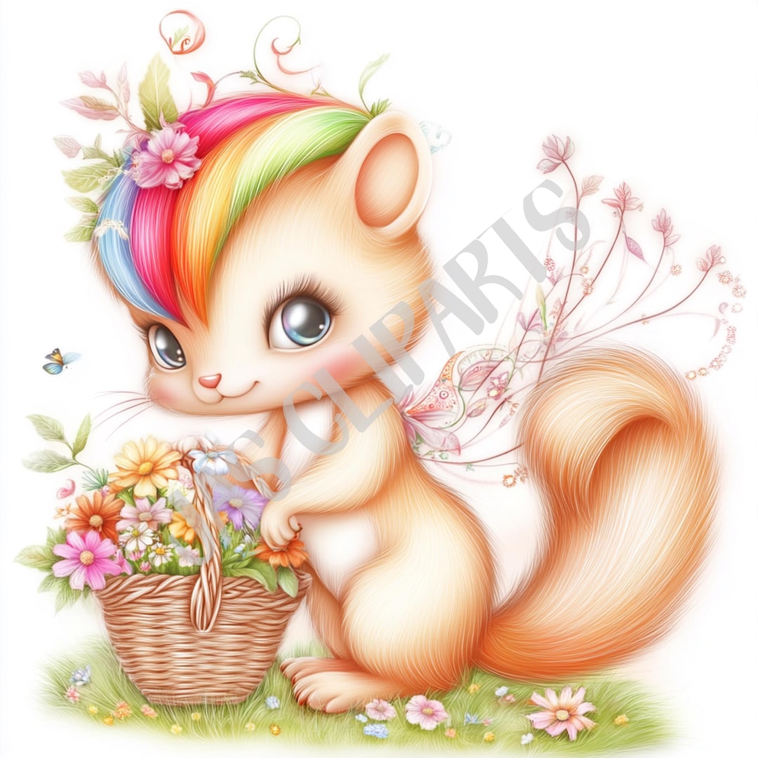 Rainbow Squirrel Clipart PNG | Cute Woodland Baby Animal With Flowers ...
