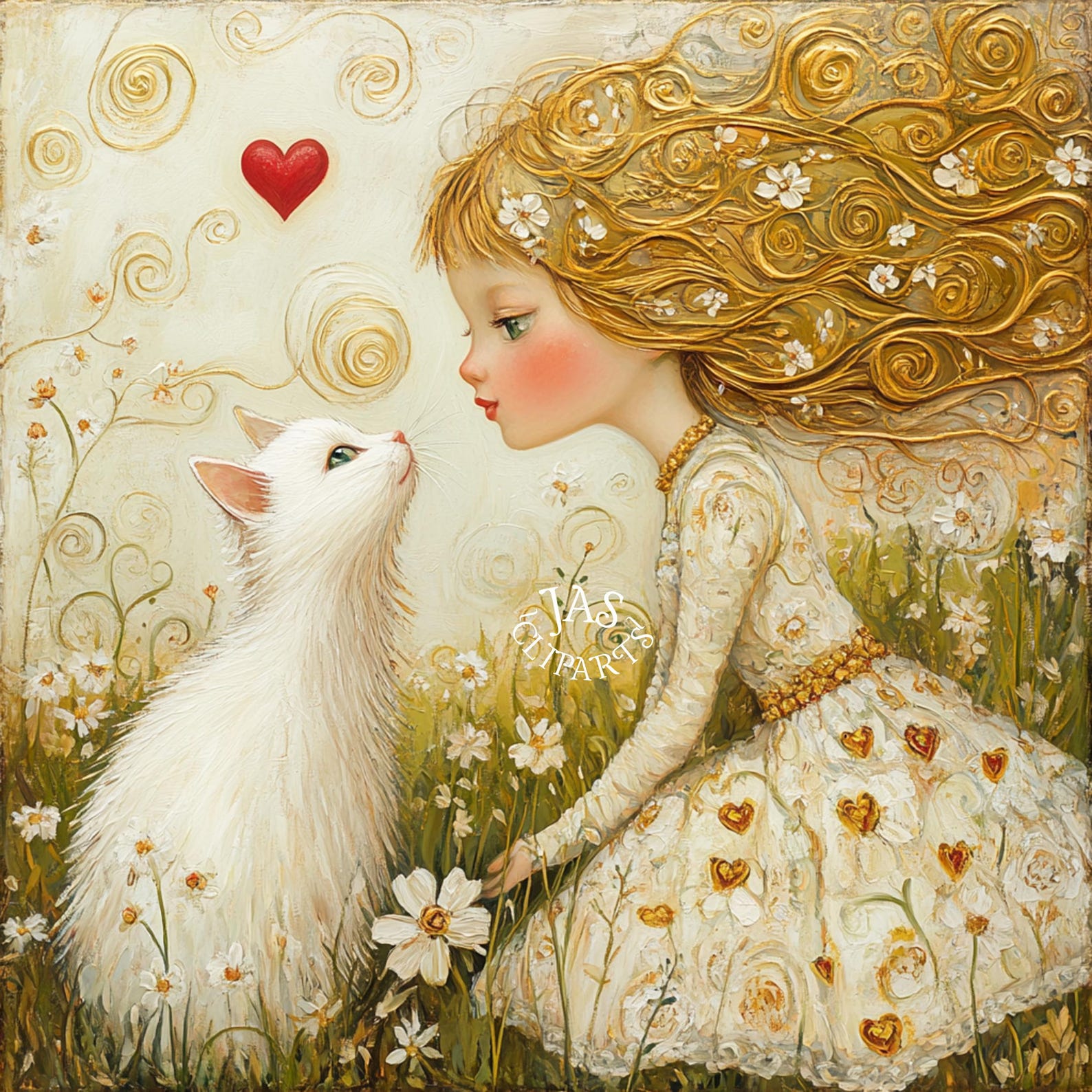 Girl and Cat Clipart | Whimsical Golden Floral Art (digital Download ...