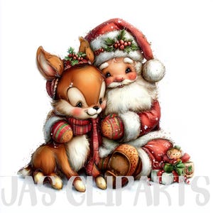15 Red Santa Claus and Friends Cartoon Clipart: Funny Holiday Trio ...