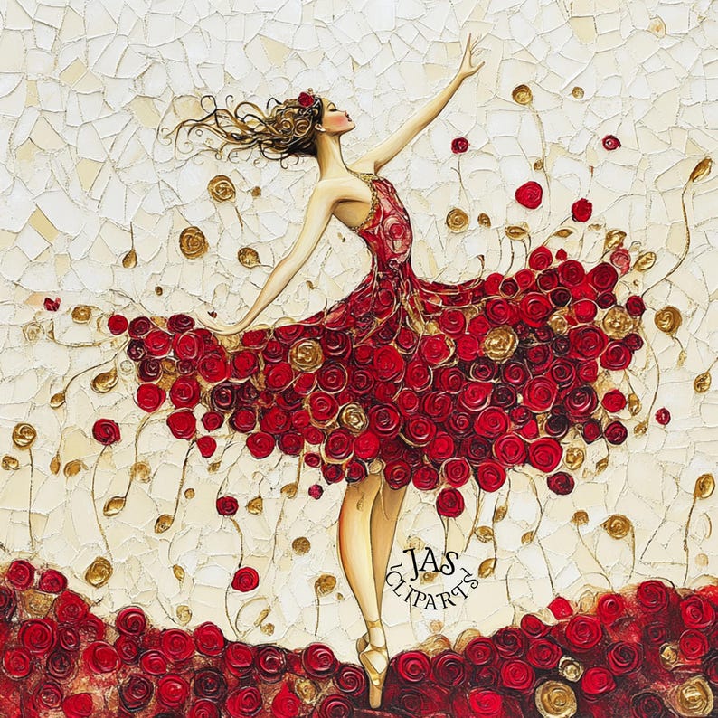 Floral Ballerina Art Print – Red Rose Dress, Elegant Dance Decor ...