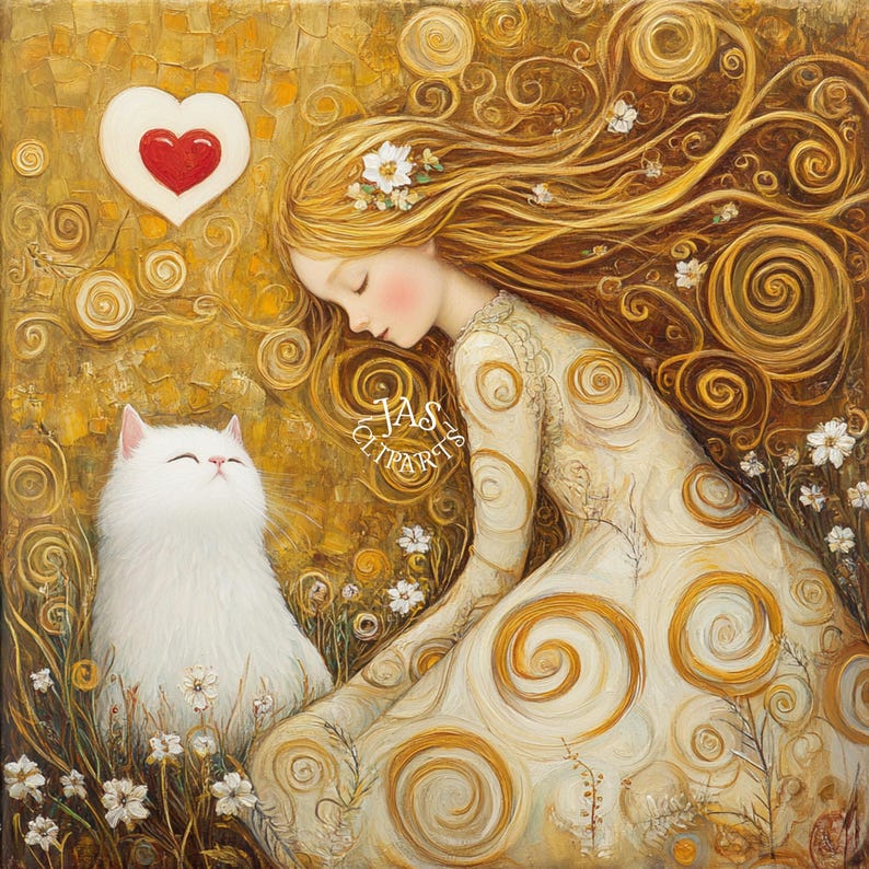 Whimsical Girl and Cat Clipart | Spring Fairy Tale Digital Art | Golden ...