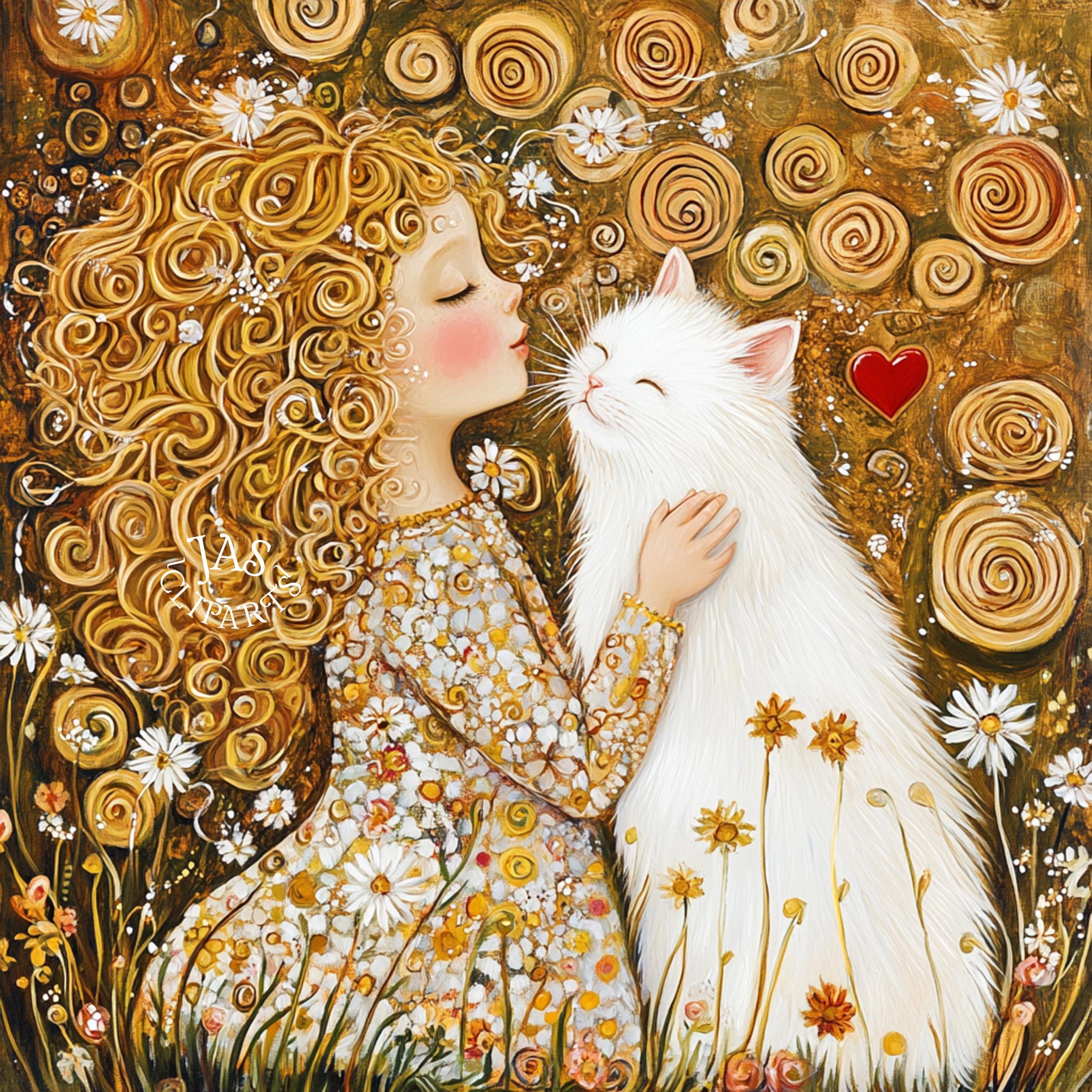 Girl and Cat Clipart | Whimsical Golden Floral Art (digital Download ...
