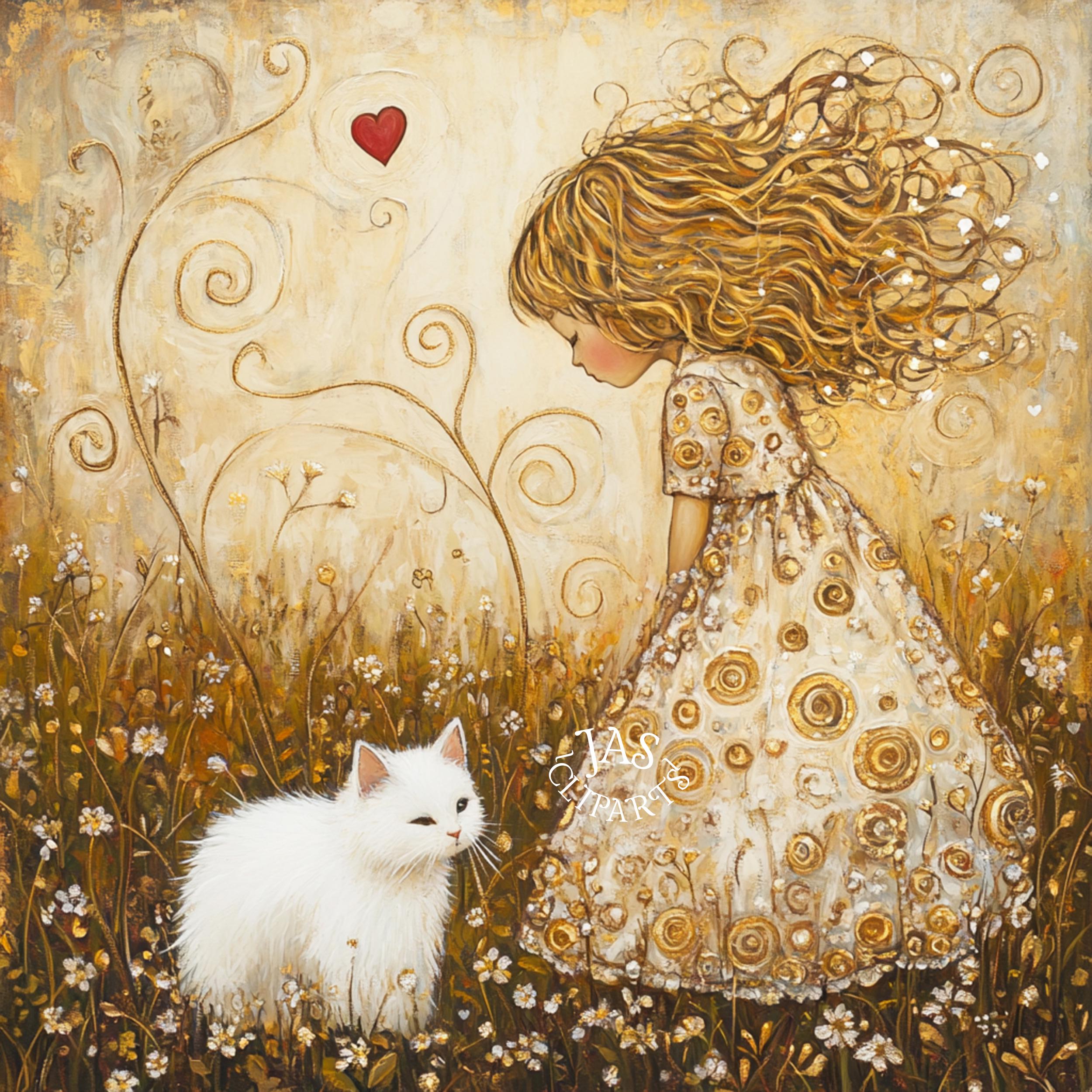 Girl and Cat Clipart | Whimsical Golden Floral Art (digital Download ...