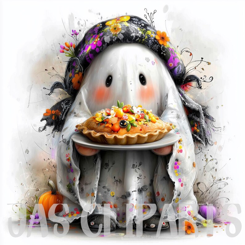 20 Quirky Ghost Clipart: Watercolor Halloween Witch Ghost With Pumpkins ...