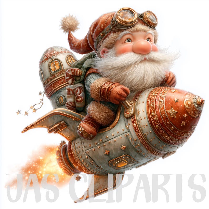 Steampunk Santa Rocket Clipart – Whimsical Flying Santa PNG (digital ...