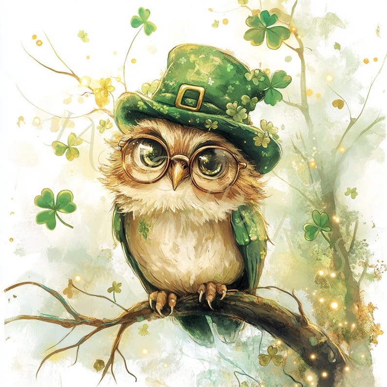 7 Lucky Owl St Patricks Day Clipart, 300 DPI Jpgs, Cute Owl Shamrock ...
