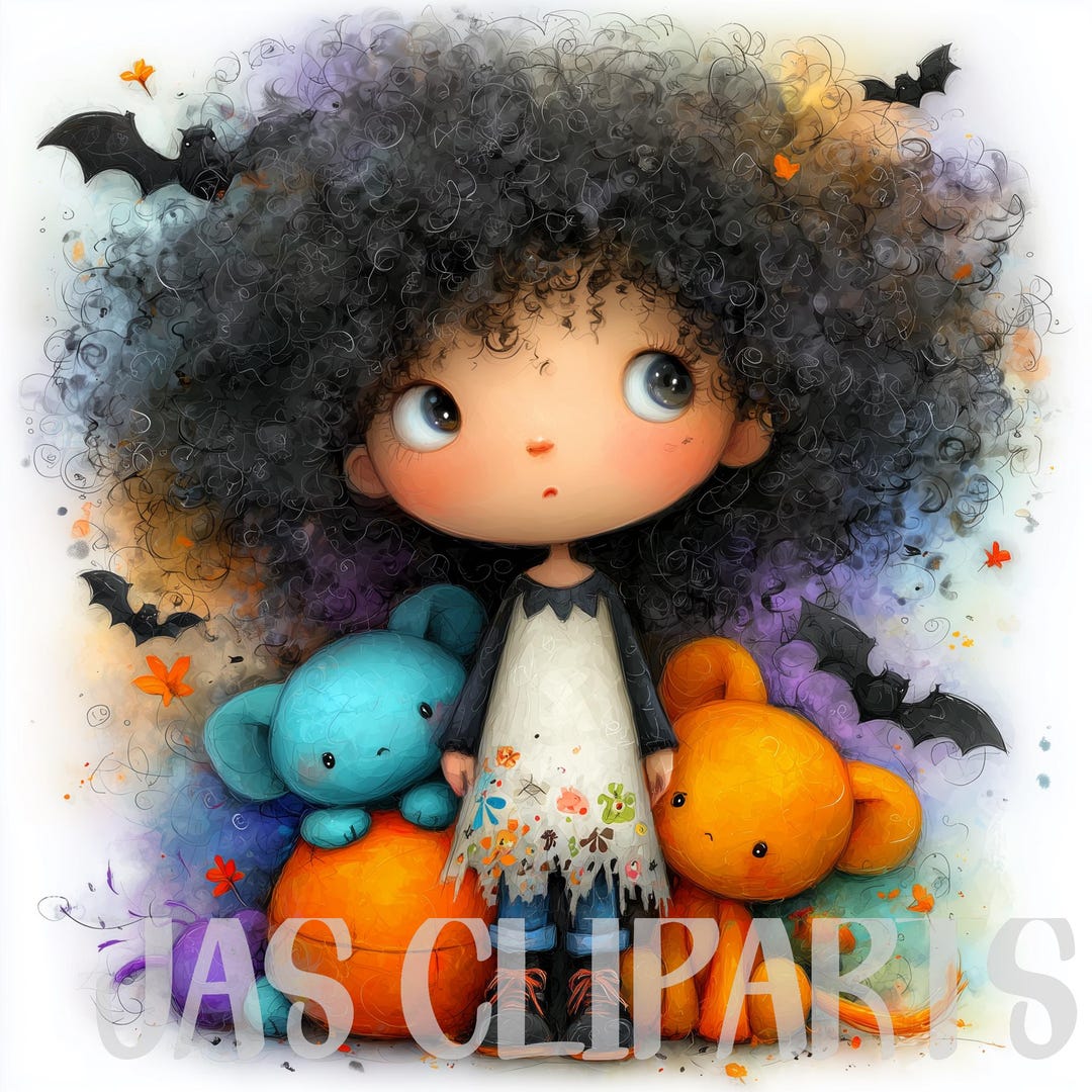 10 Whimsical Halloween Girl Clipart: Cute Curl Doll Art With Bats and ...