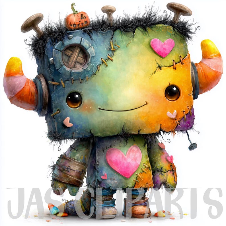 15 Cute Kawaii Patchwork Monster Clipart: Colorful Plush Spooky Doll ...