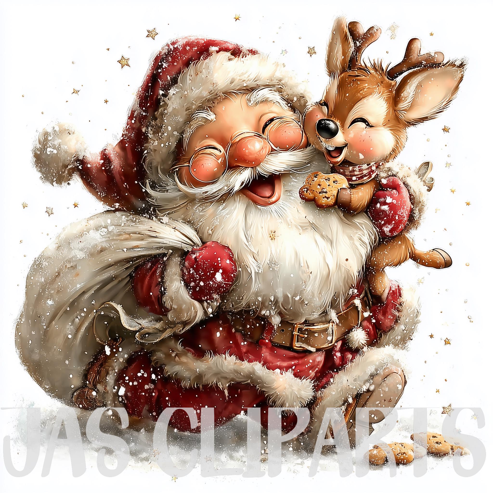 10 Cute Red Santa and Friends Clipart: Funny Holiday Trio Illustration ...