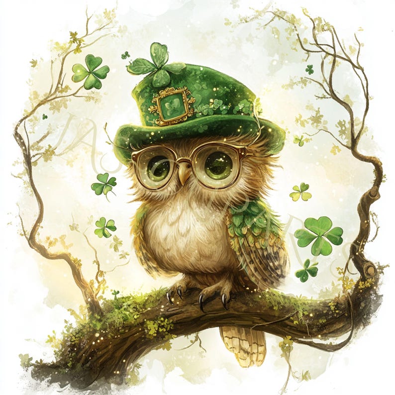 7 Lucky Owl St Patricks Day Clipart, 300 DPI Jpgs, Cute Owl Shamrock ...