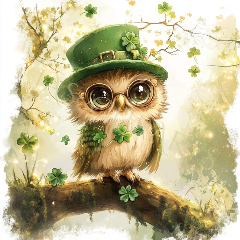 7 Lucky Owl St Patricks Day Clipart, 300 DPI Jpgs, Cute Owl Shamrock ...