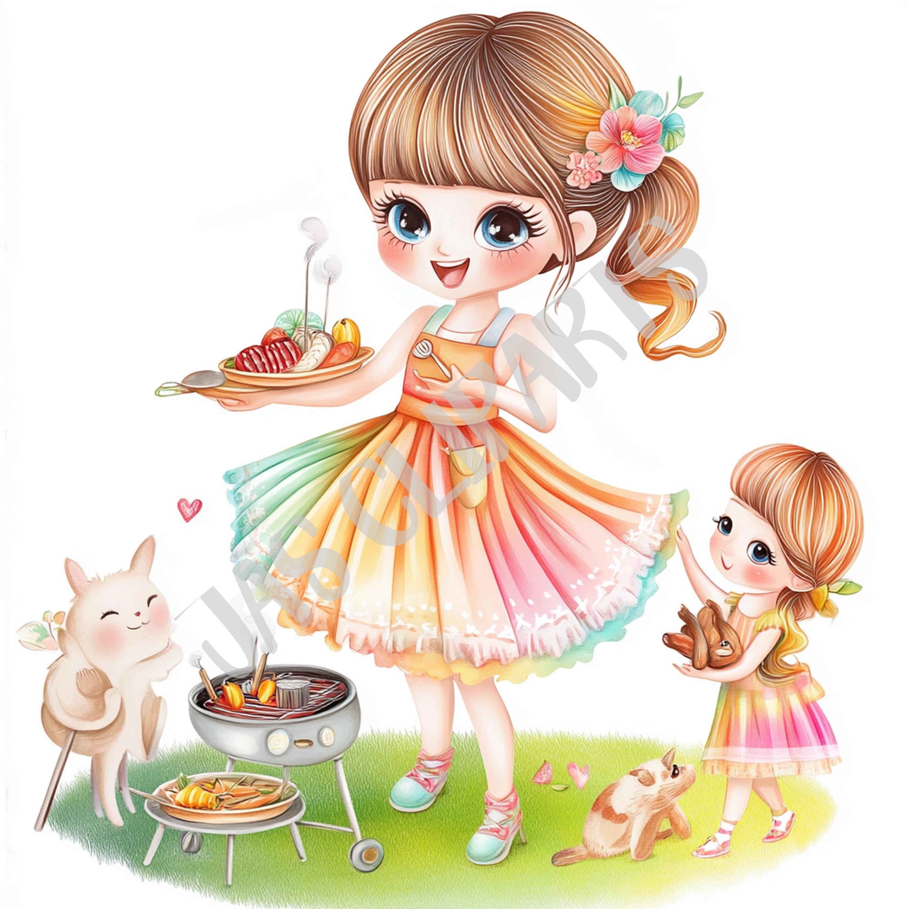 Kawaii BBQ Girls Clipart PNG | Cute Summer Picnic Illustration | Pastel ...