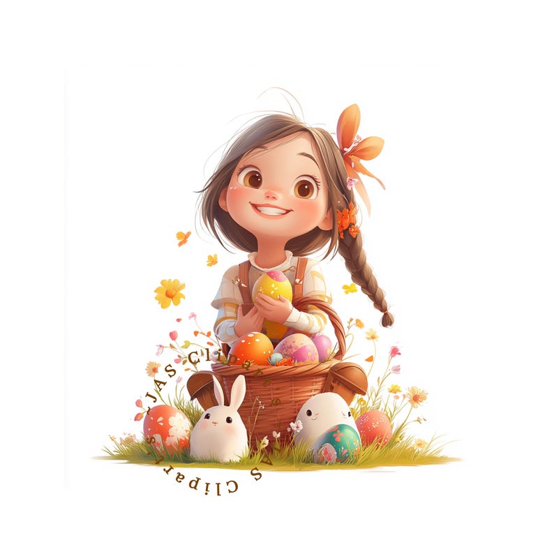 Easter Egg Hunt Girl Clipart, Watercolor Spring Kids Illustration ...