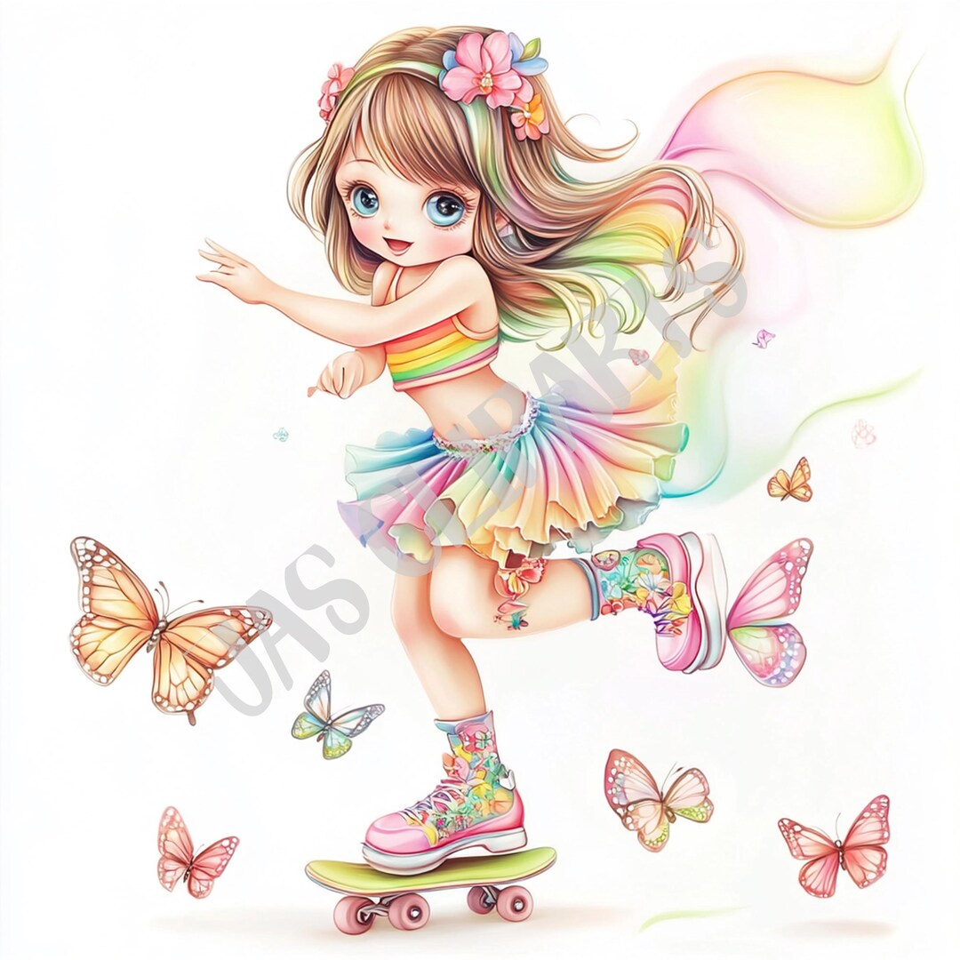 Skater Girl Clipart – Rainbow Skateboarder With Butterflies (digital ...