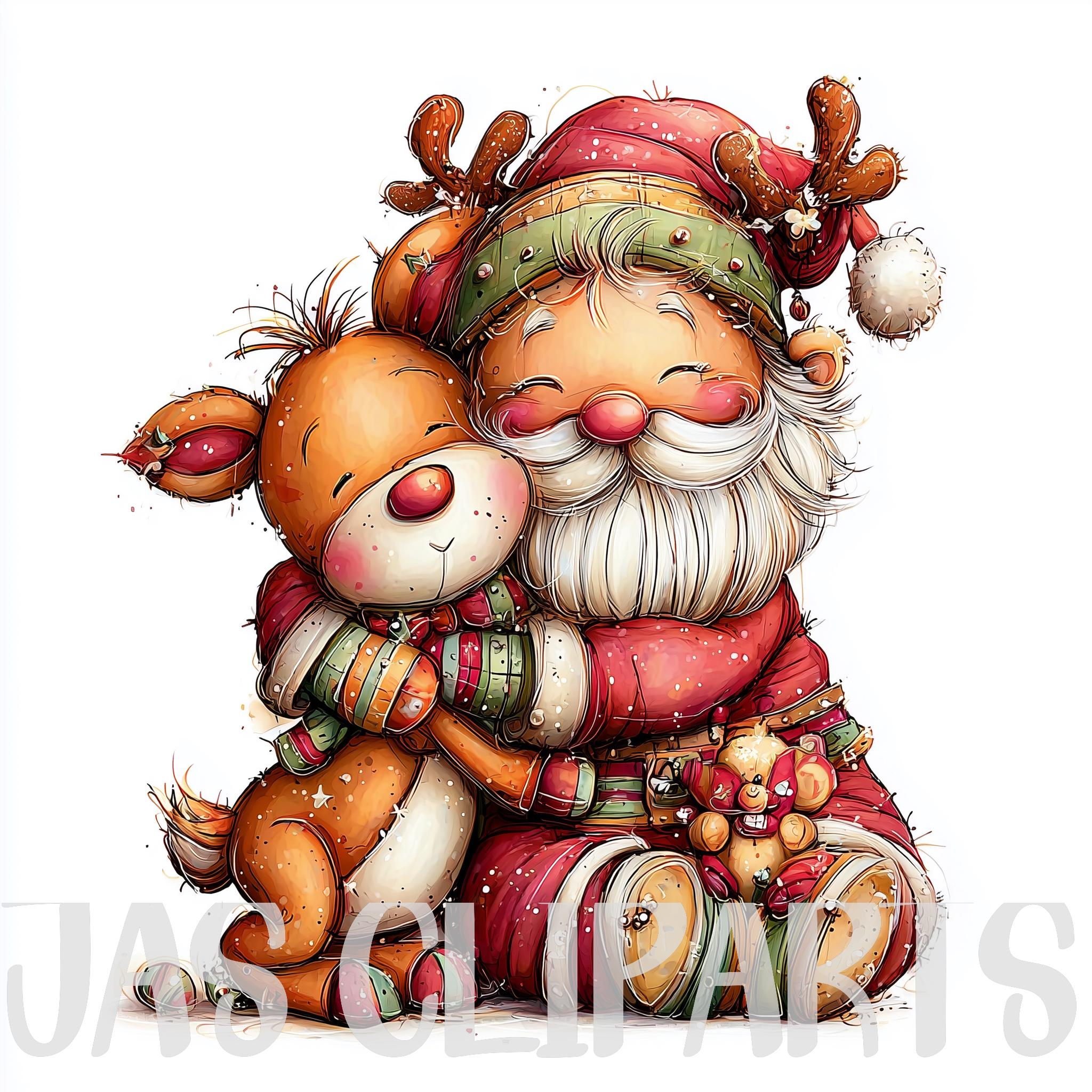 15 Red Santa Claus and Friends Cartoon Clipart: Funny Holiday Trio ...