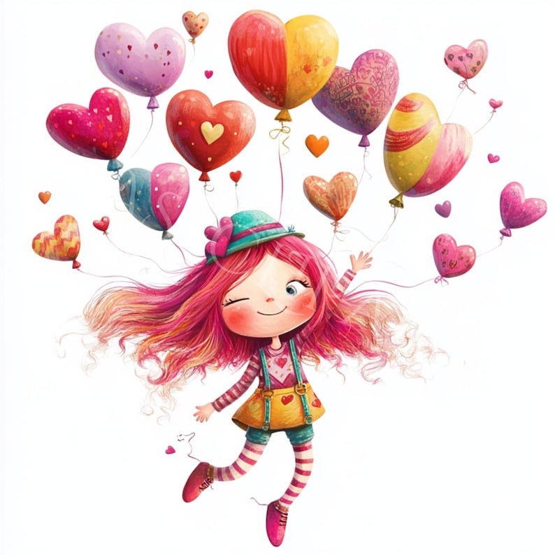 Balloon Girl Clipart, Whimsical Heart Balloons, Jpgs (digital Download ...