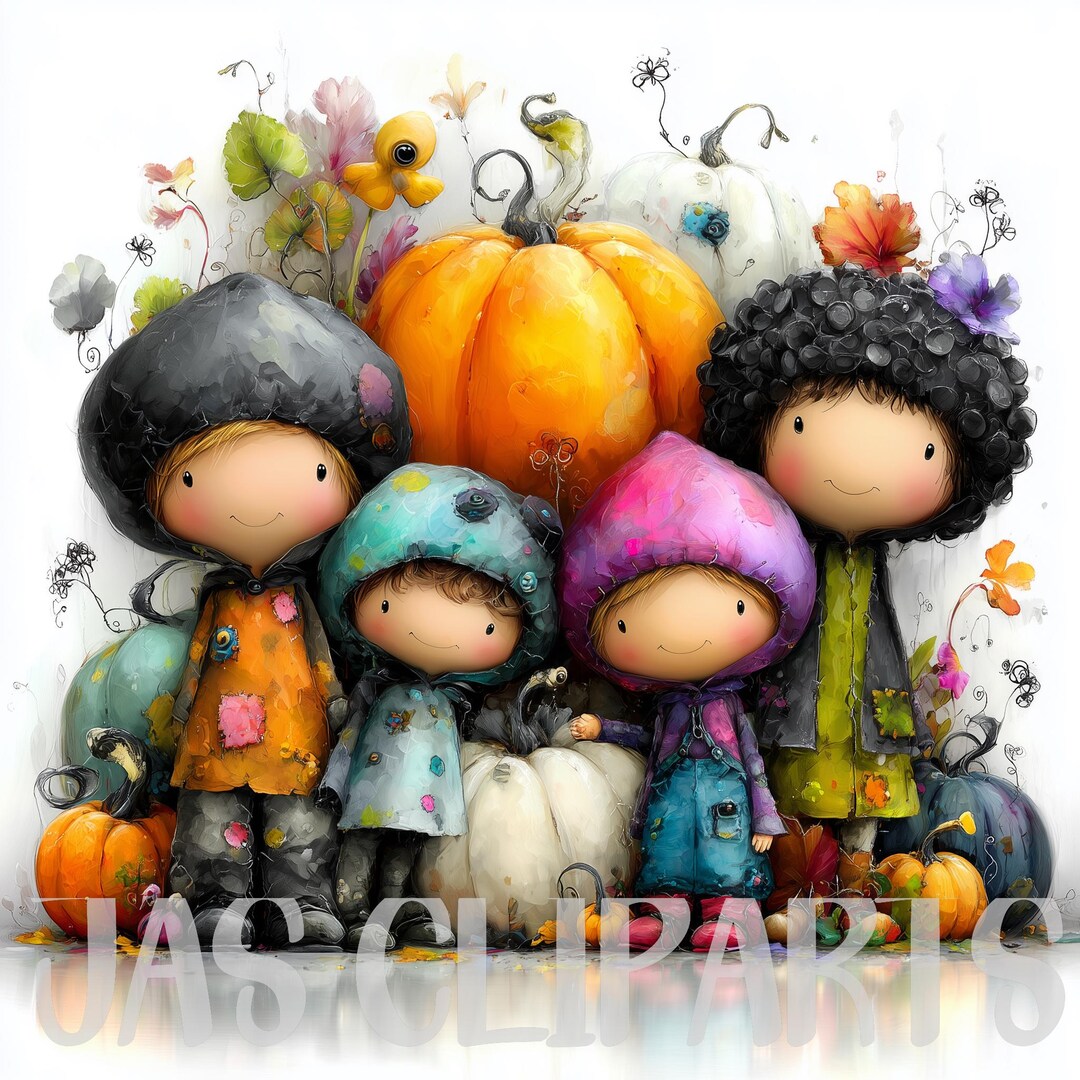 11 Quirky Fall Kids Clipart: Cute Watercolor Children With Pumpkins ...