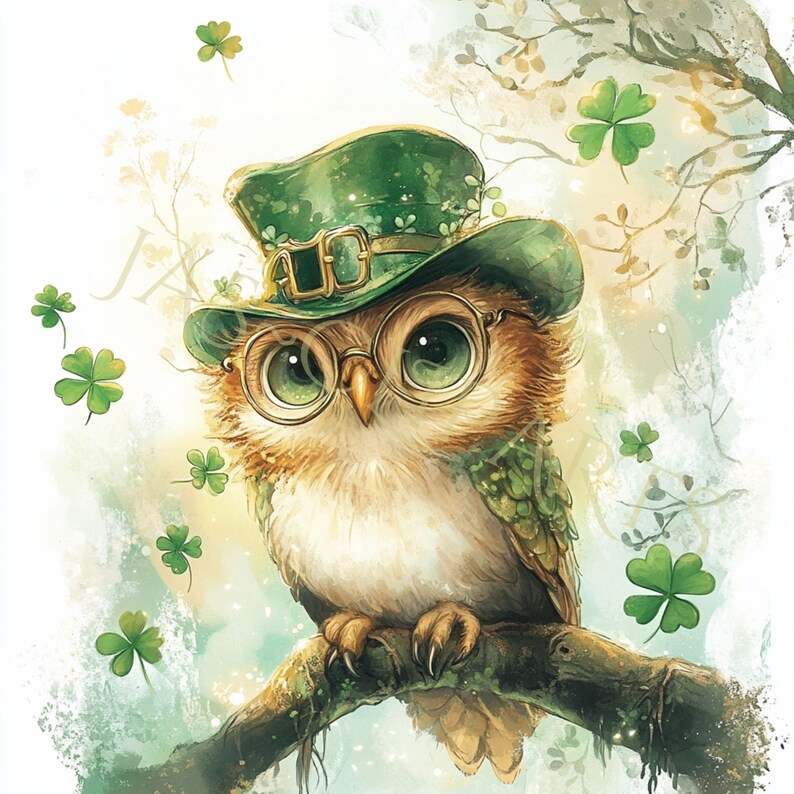 7 Lucky Owl St Patricks Day Clipart, 300 DPI Jpgs, Cute Owl Shamrock ...