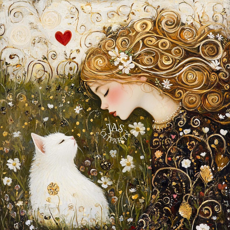 Girl and Cat Clipart | Whimsical Golden Floral Art (digital Download ...