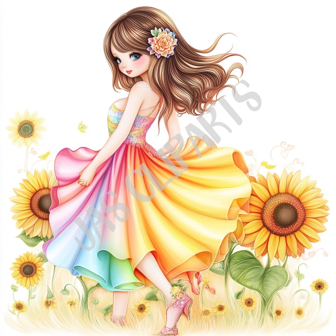 Watercolor Sunflower Girl Clipart | Rainbow Dress PNG (digital Download ...