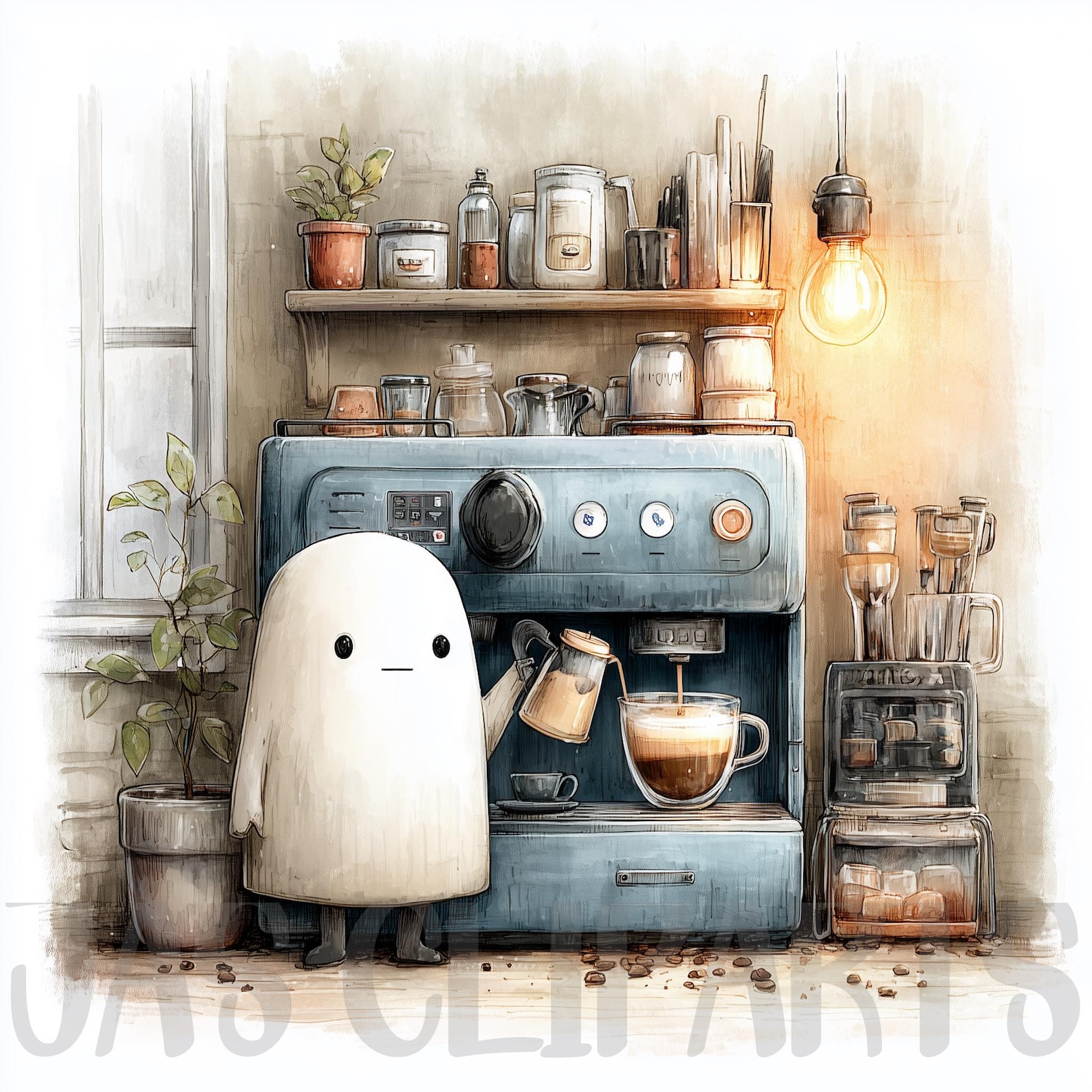 Halloween Ghost Coffee Clipart PNG: Kawaii Barista Art (digital ...