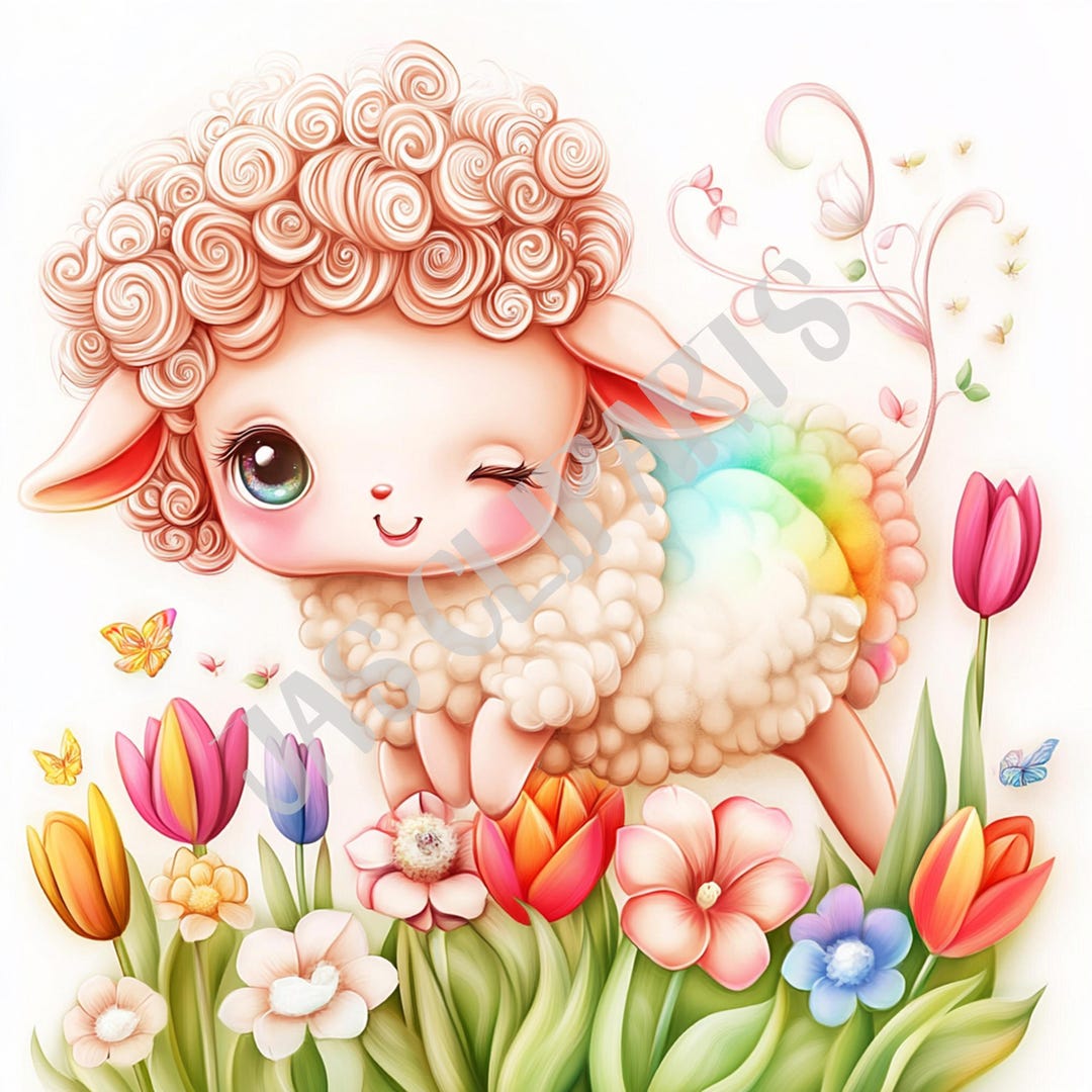Cute Spring Lamb Clipart PNG | Kawaii Rainbow Sheep Art | Baby Farm ...