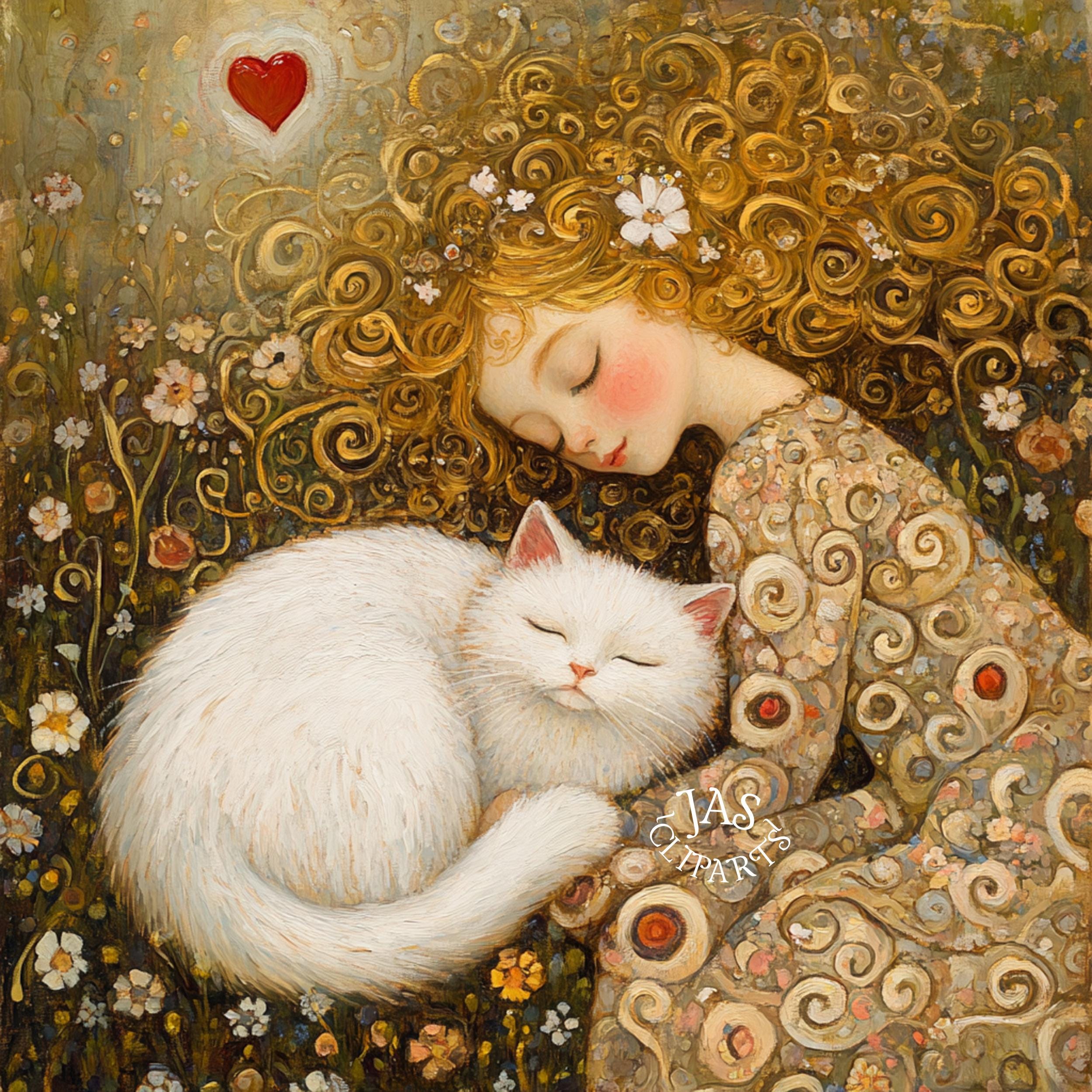 Girl and Cat Clipart | Whimsical Golden Floral Art (digital Download ...