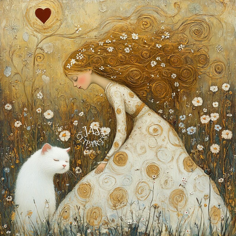 Girl and Cat Clipart | Whimsical Golden Floral Art (digital Download ...