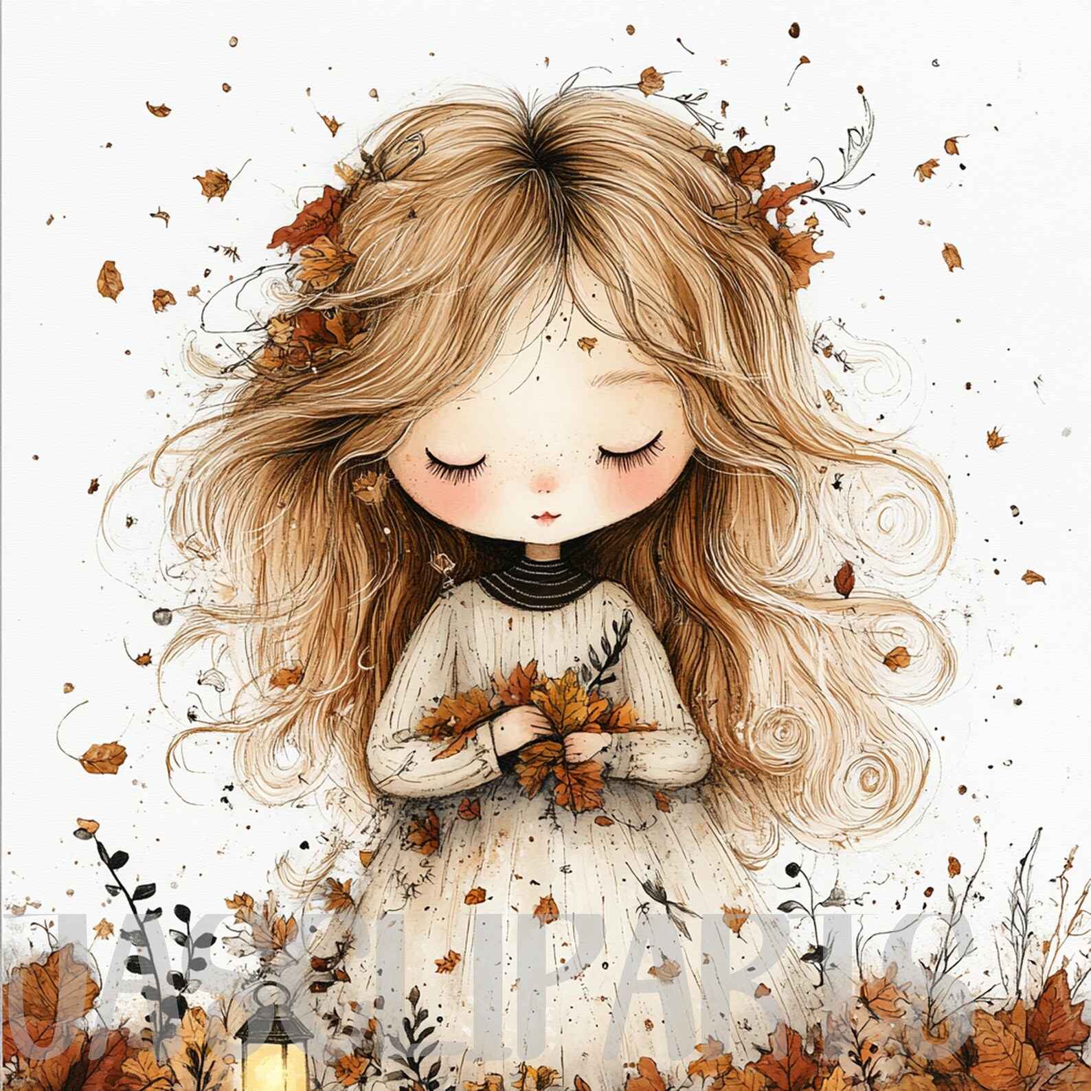 Autumn Girl Watercolor Clipart, Fall Leaves PNG, Commercial Use ...