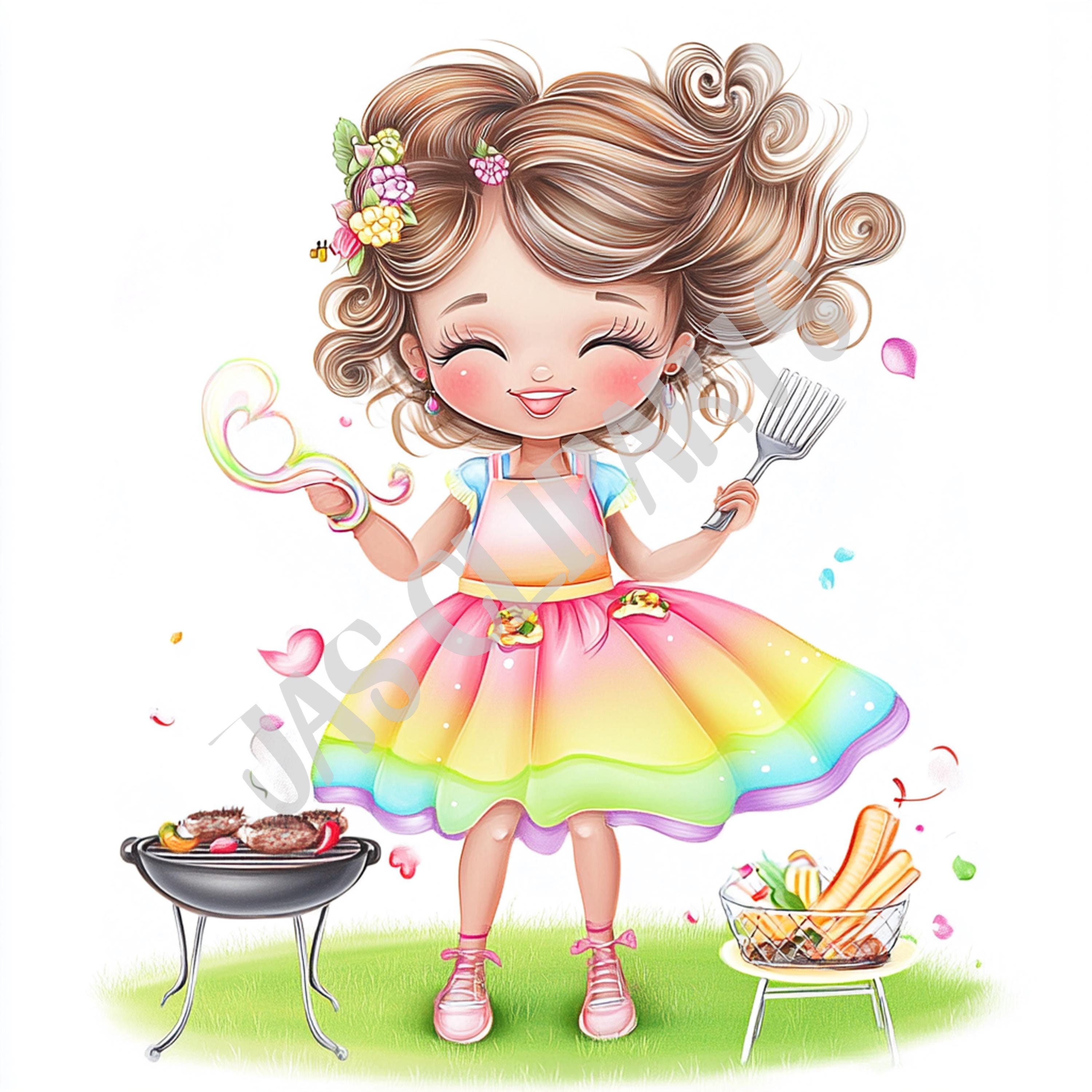 Kawaii BBQ Girls Clipart PNG | Cute Summer Picnic Illustration | Pastel ...