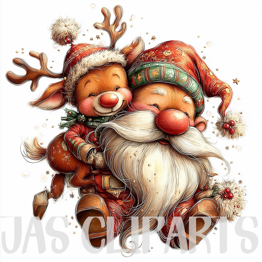 11 Cute Red Santa and Friends Clipart: Funny Holiday Trio Illustration ...