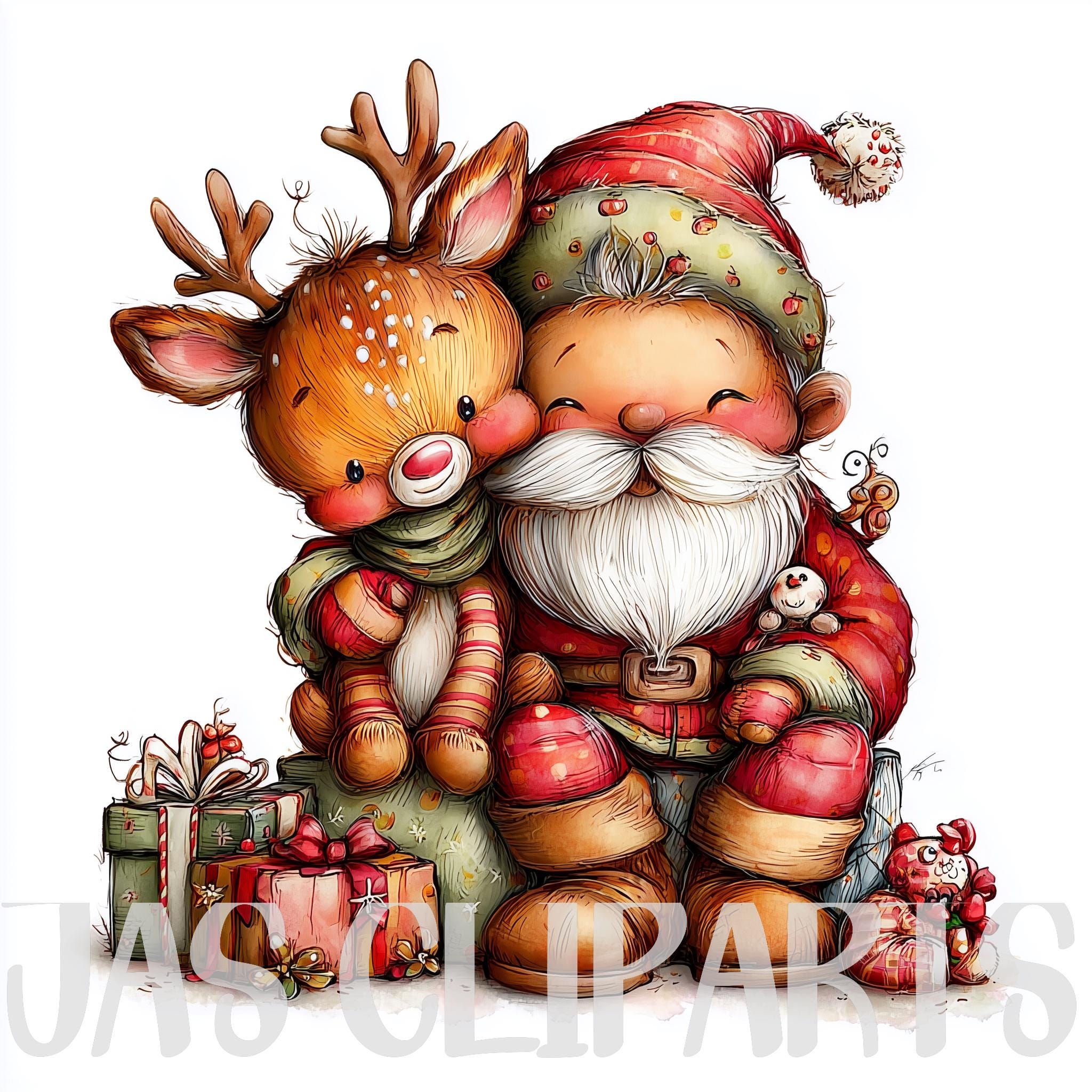 15 Red Santa Claus and Friends Cartoon Clipart: Funny Holiday Trio ...