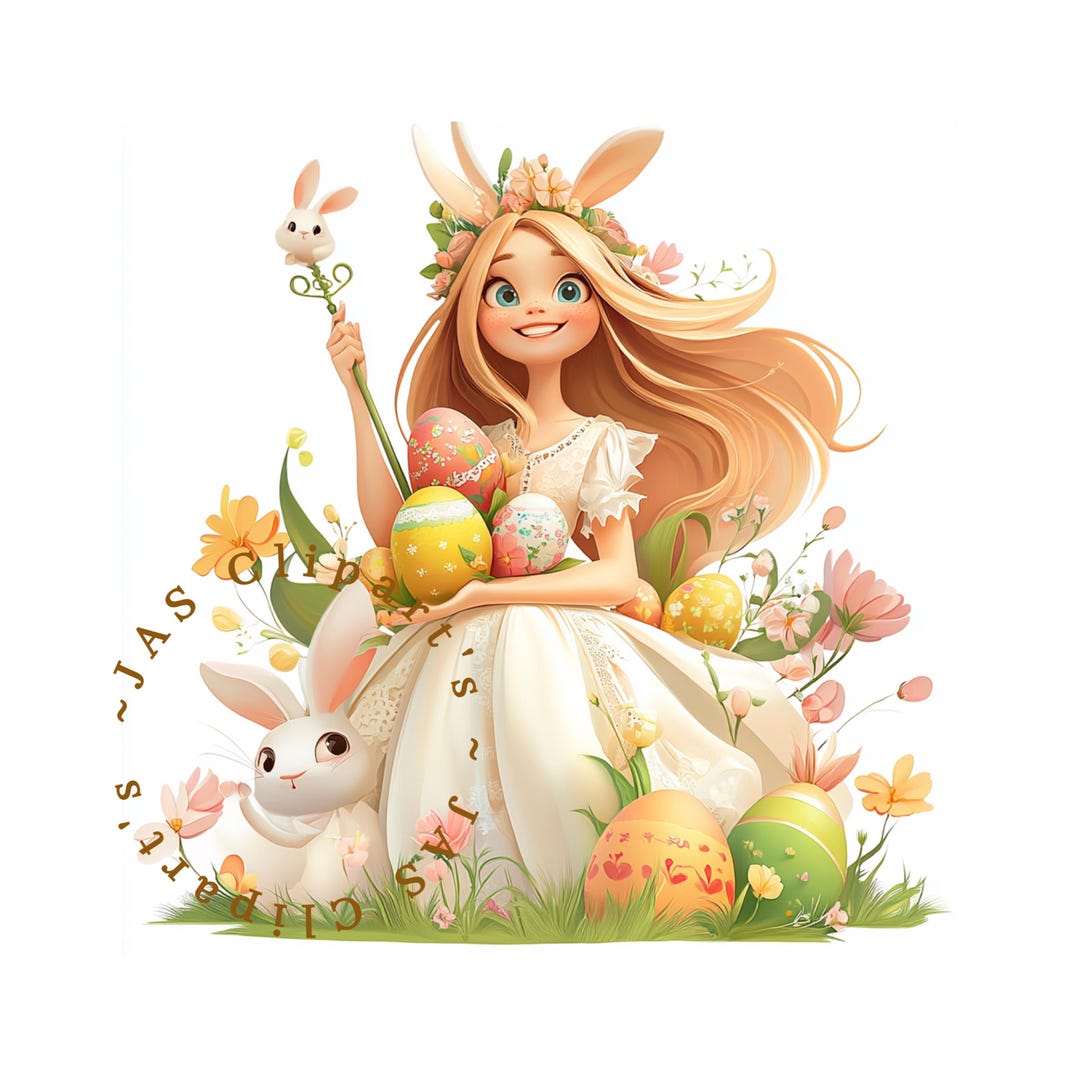 Easter Bunny Girl Clipart| Whimsical Spring Fairy Princess PNG| Floral ...