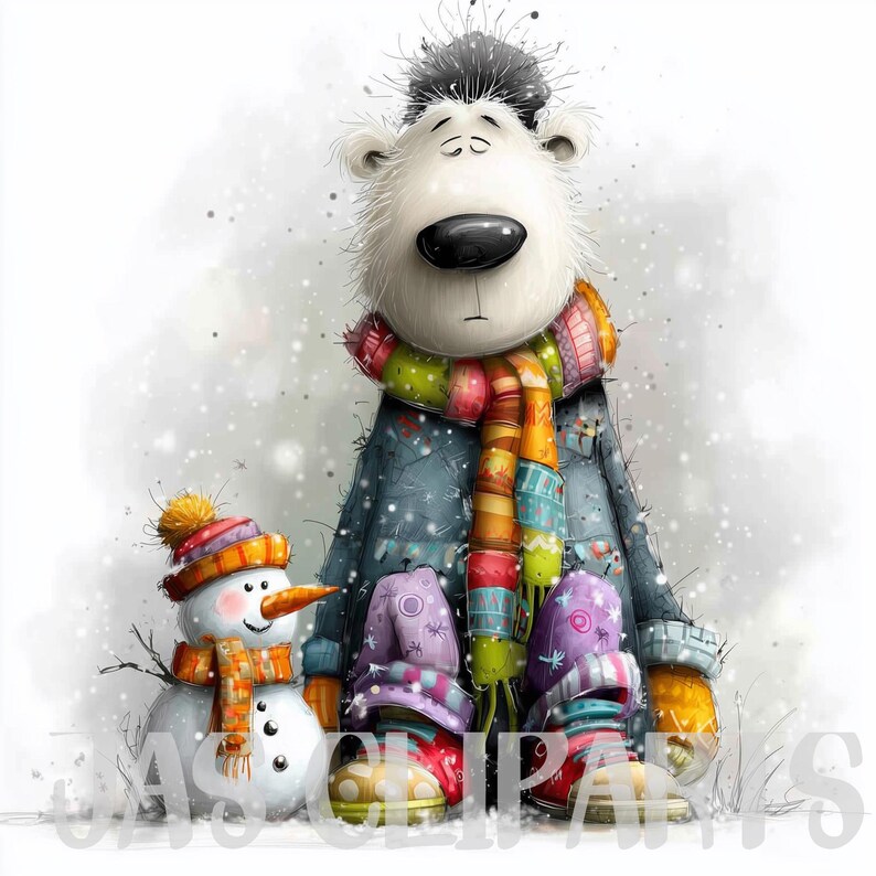 12 Cozy Winter Bear and Snowman Clipart: Whimsical Watercolor Christmas ...
