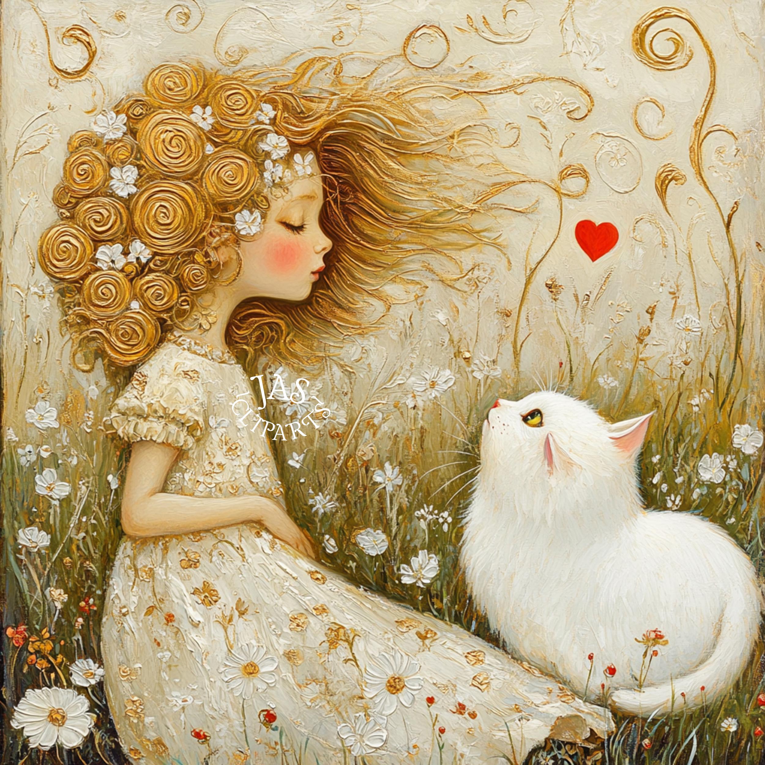 Girl and Cat Clipart | Whimsical Golden Floral Art (digital Download ...