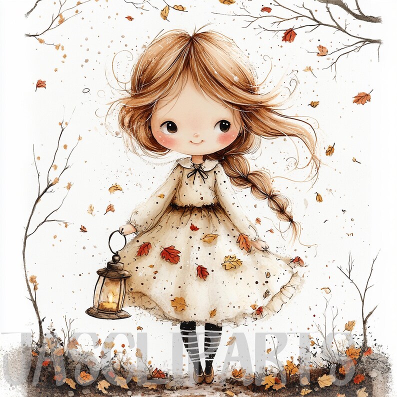 Autumn Girl Watercolor Clipart, Fall Leaves PNG, Commercial Use ...