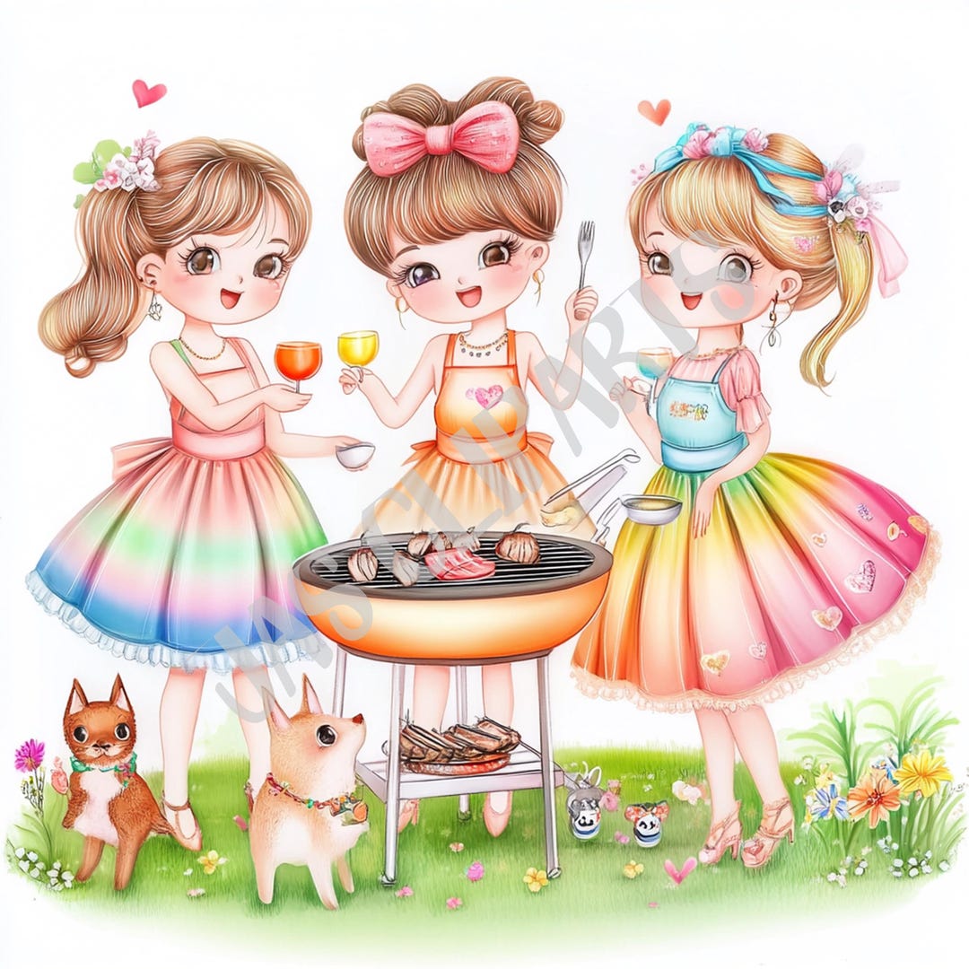 Kawaii BBQ Girls Clipart | Summer Picnic Illustration (digital Download ...