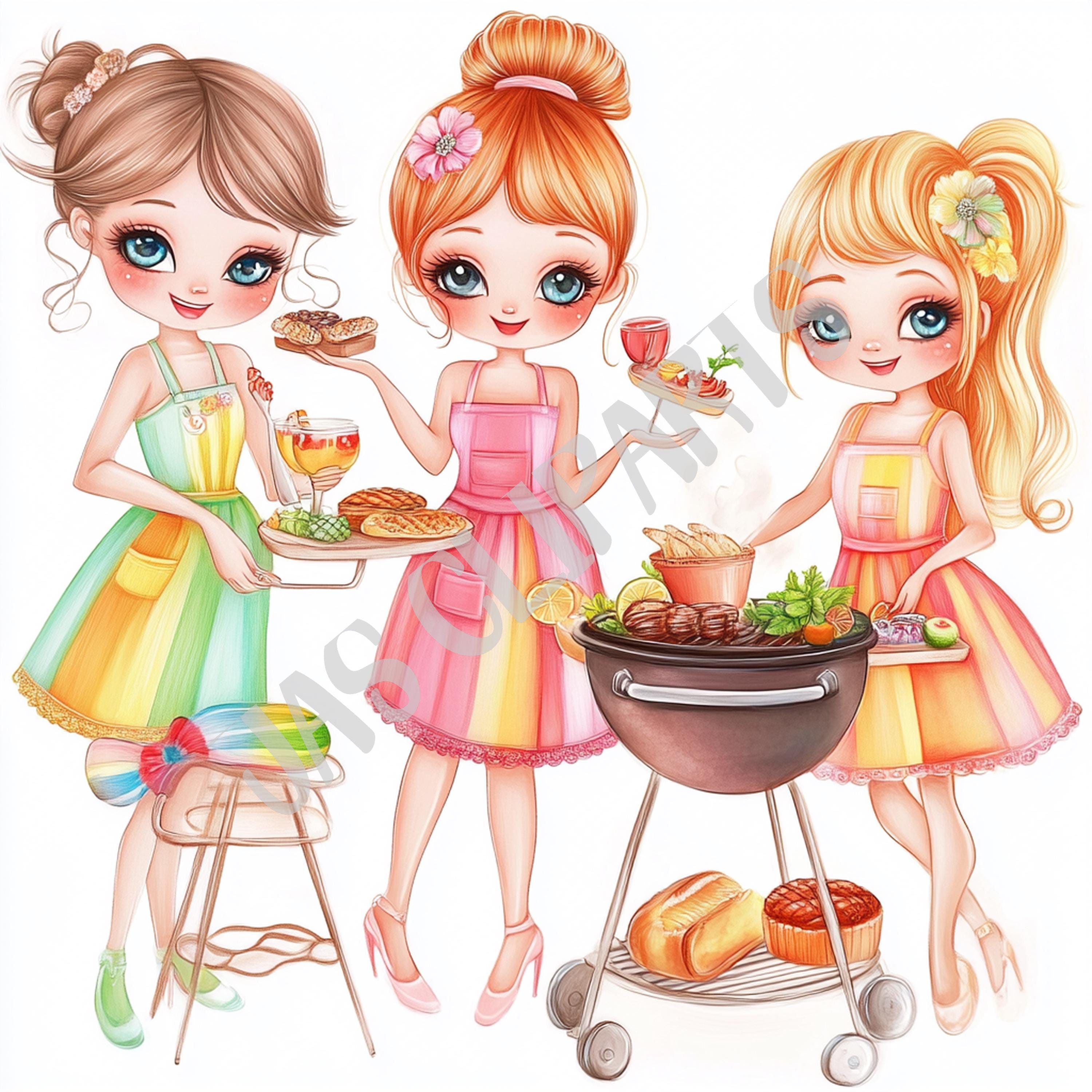 Kawaii BBQ Girls Clipart | Summer Picnic Illustration (digital Download ...