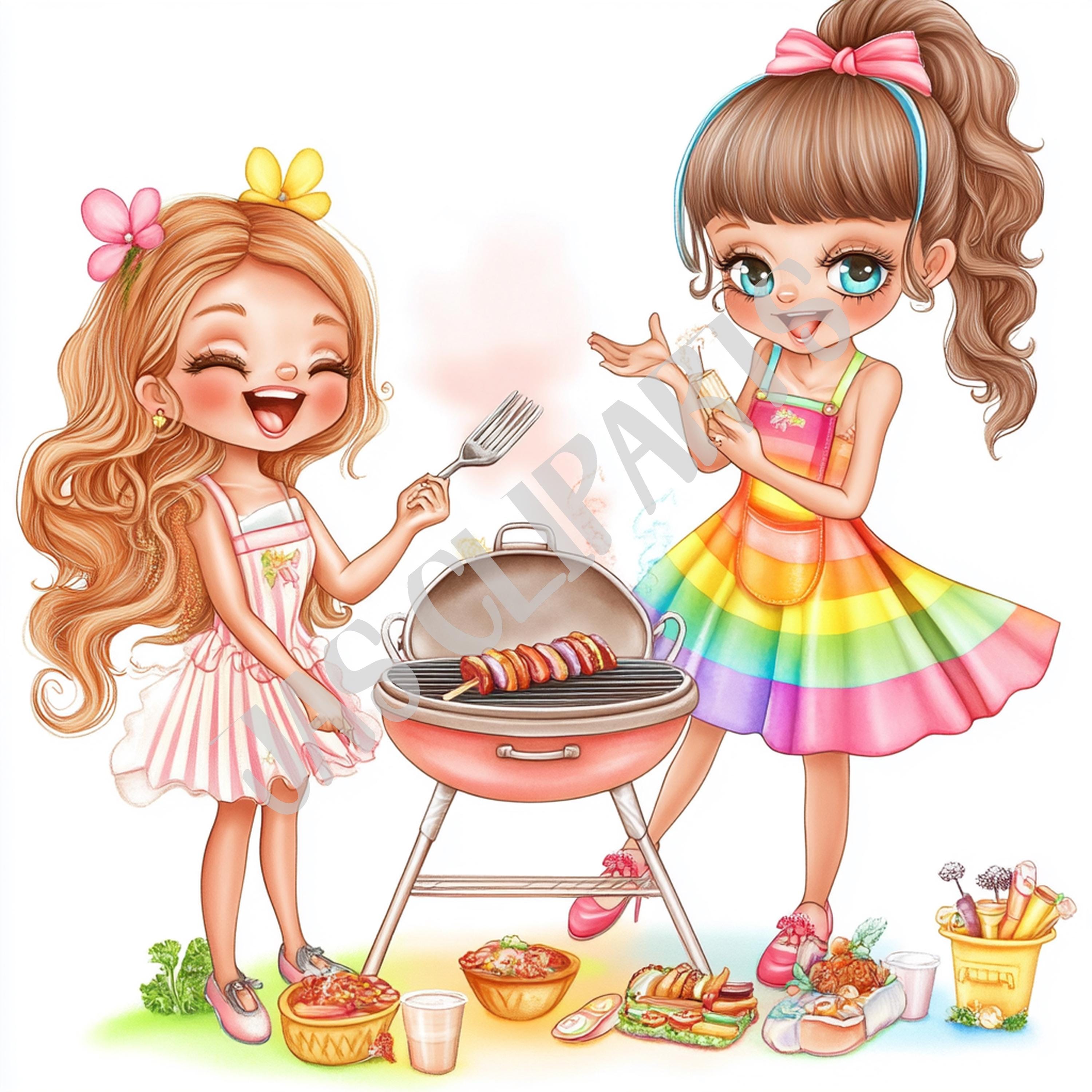 Kawaii BBQ Girls Clipart | Summer Picnic Illustration (digital Download ...