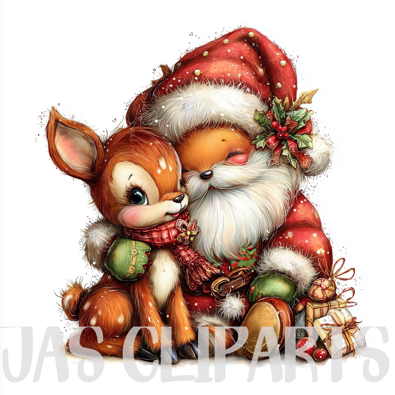 15 Red Santa Claus and Friends Cartoon Clipart: Funny Holiday Trio ...